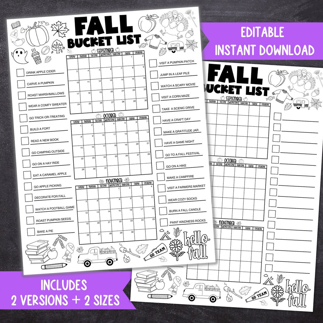 Printable Fall Bucket List Calendar, Fall Coloring Poster and ...
