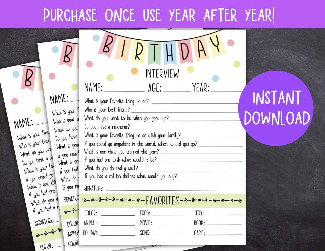Kids Birthday Interview Printable Birthday Questionnaire - Etsy