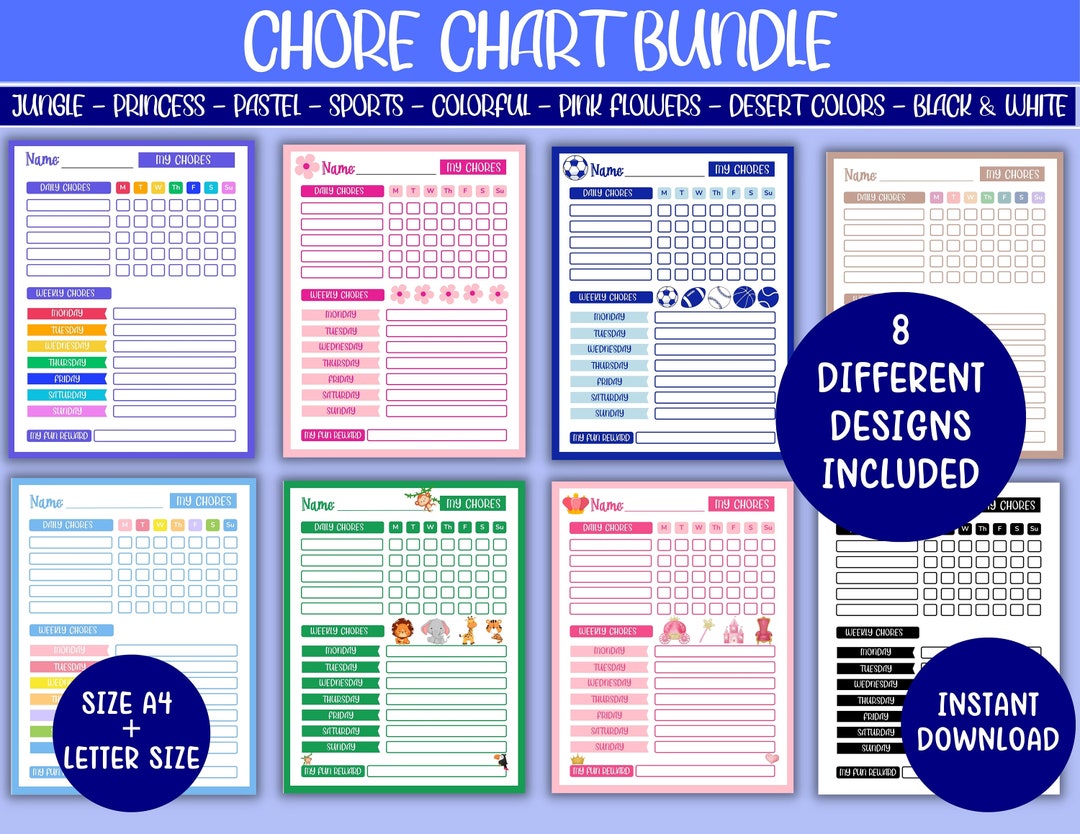 Printable Chore Charts for Kids & Adults, Weekly Chore Chart, Kids ...