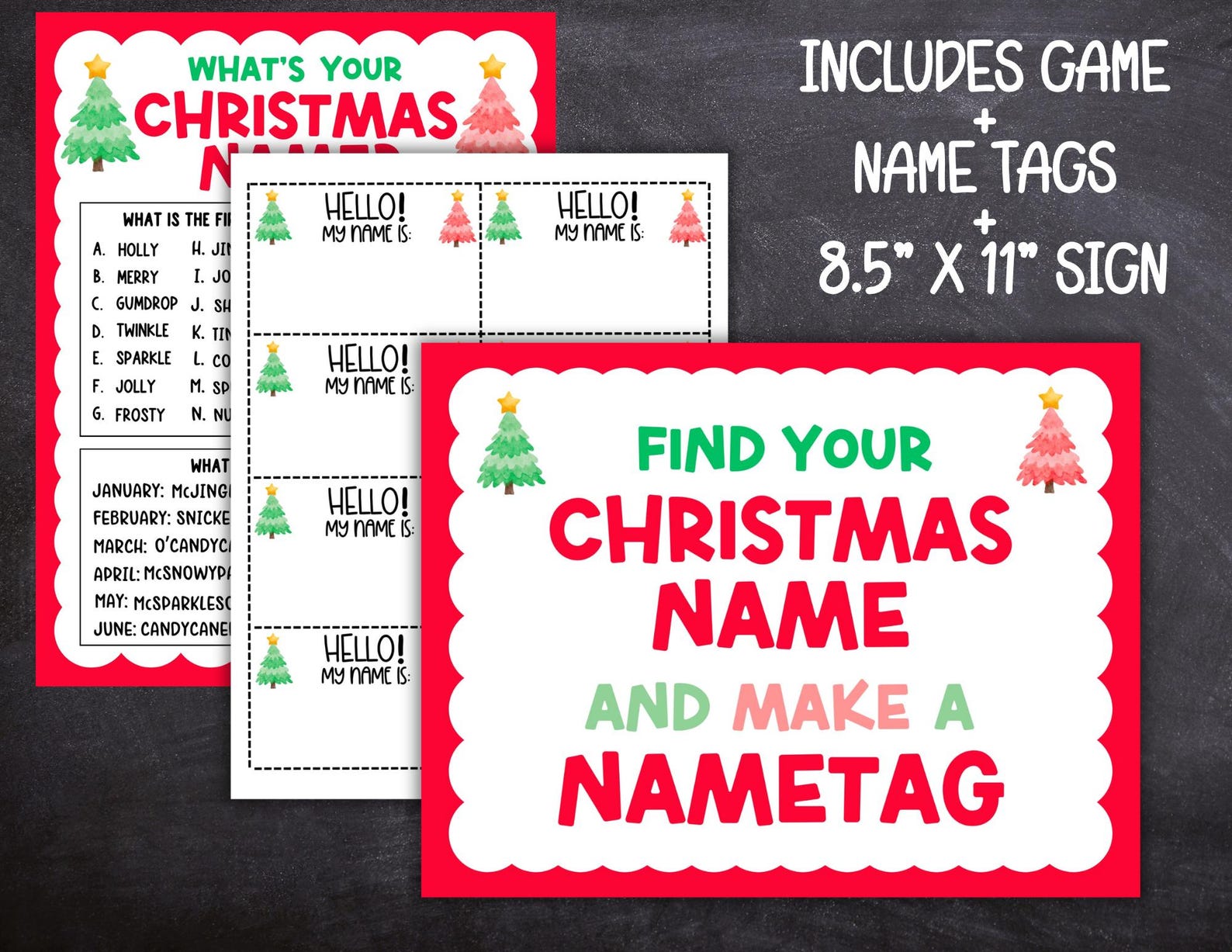 Christmas Name Game WITH Name Tags & Sign, Printable Christmas Party ...