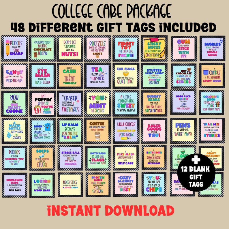 College Care Package Gift Tags, Printable College Survival Kit Gift ...