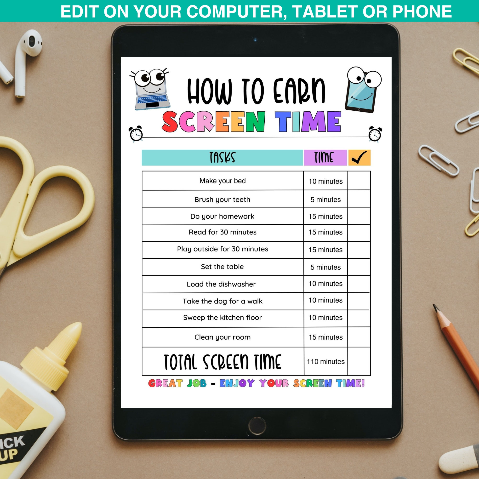 Screen Time Checklist, Editable and Printable Screen Time Chore Chart, Screen Time Tracker, Kids ...
