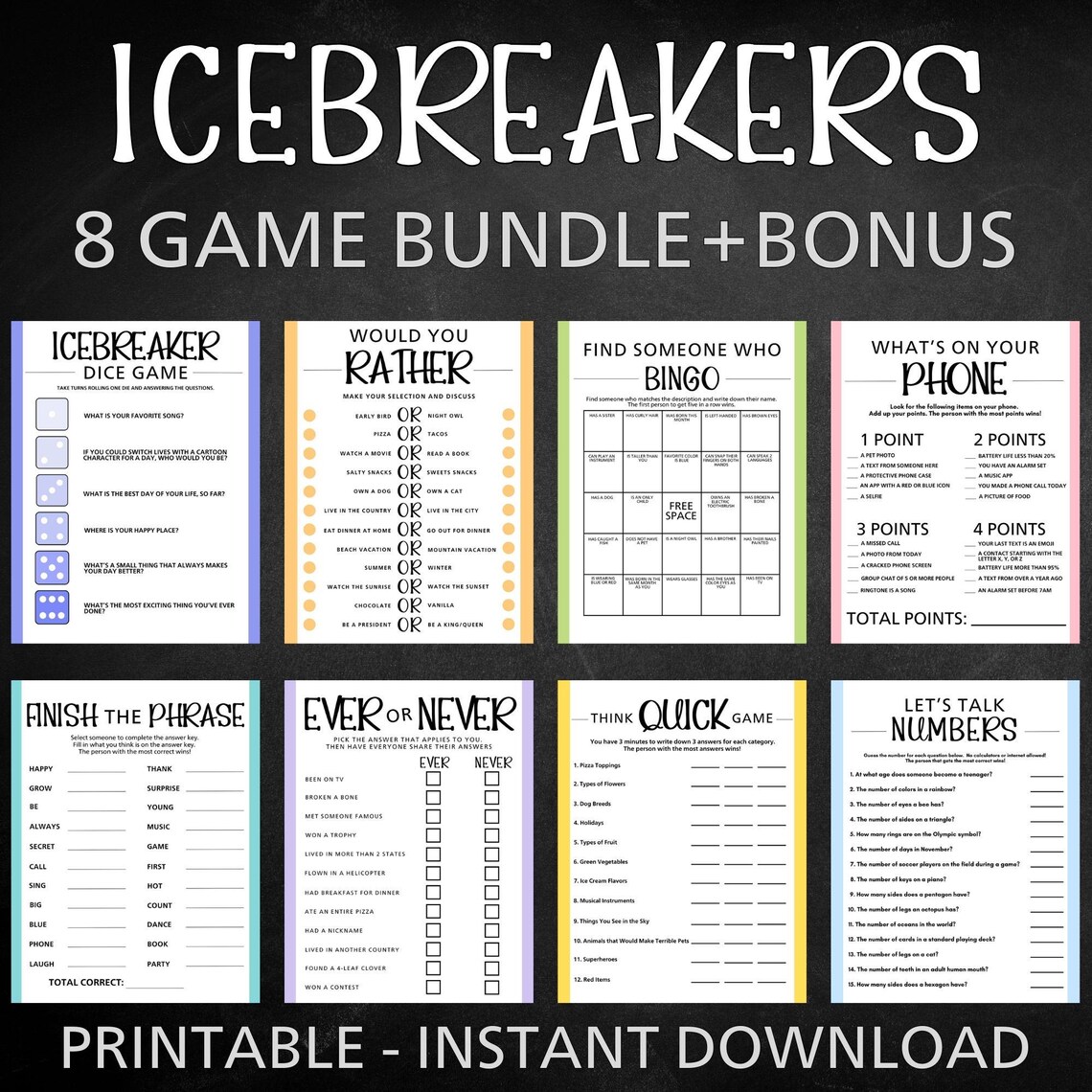 Icebreaker Games Bundle, Printable Conversation Starters, Pastel Party ...