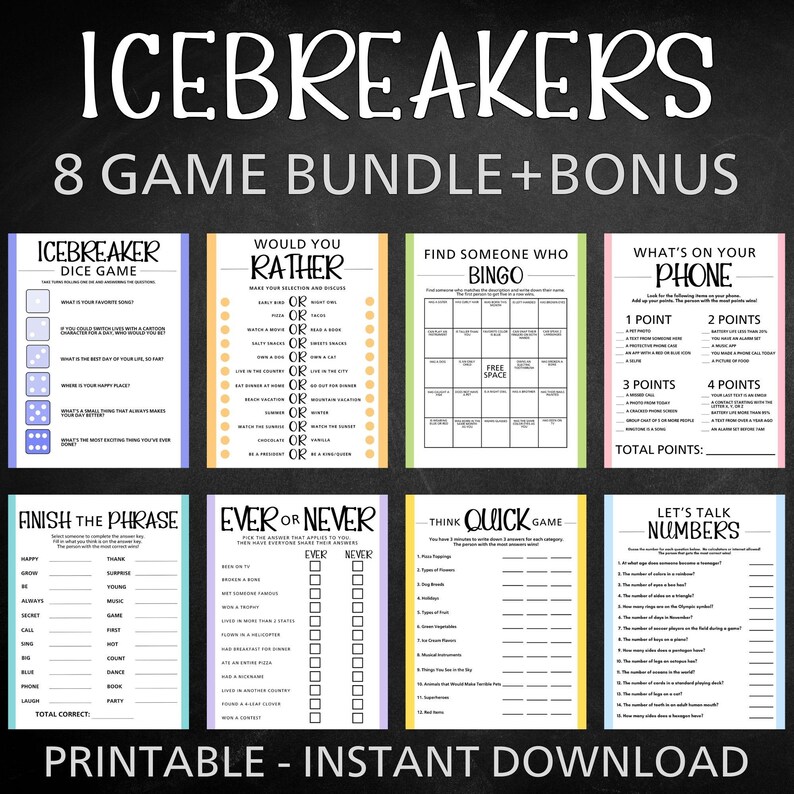 Icebreaker Games Bundle, Printable Conversation Starters, Pastel Party ...