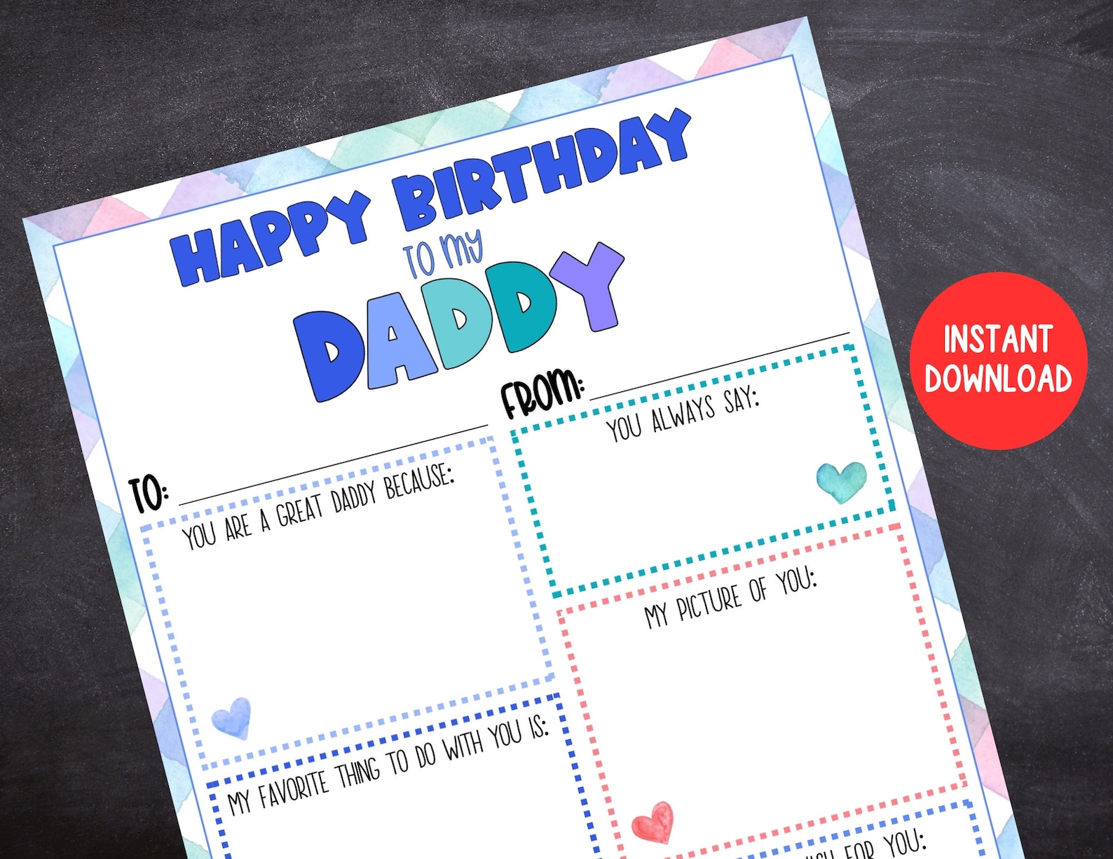 Birthday Card for Daddy, Printable Kids Birthday Card for Daddy, Dad ...