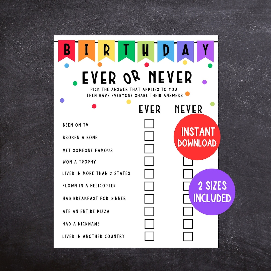 Birthday Party Game, Printable Birthday Ice Breaker, Ever or Never Game ...