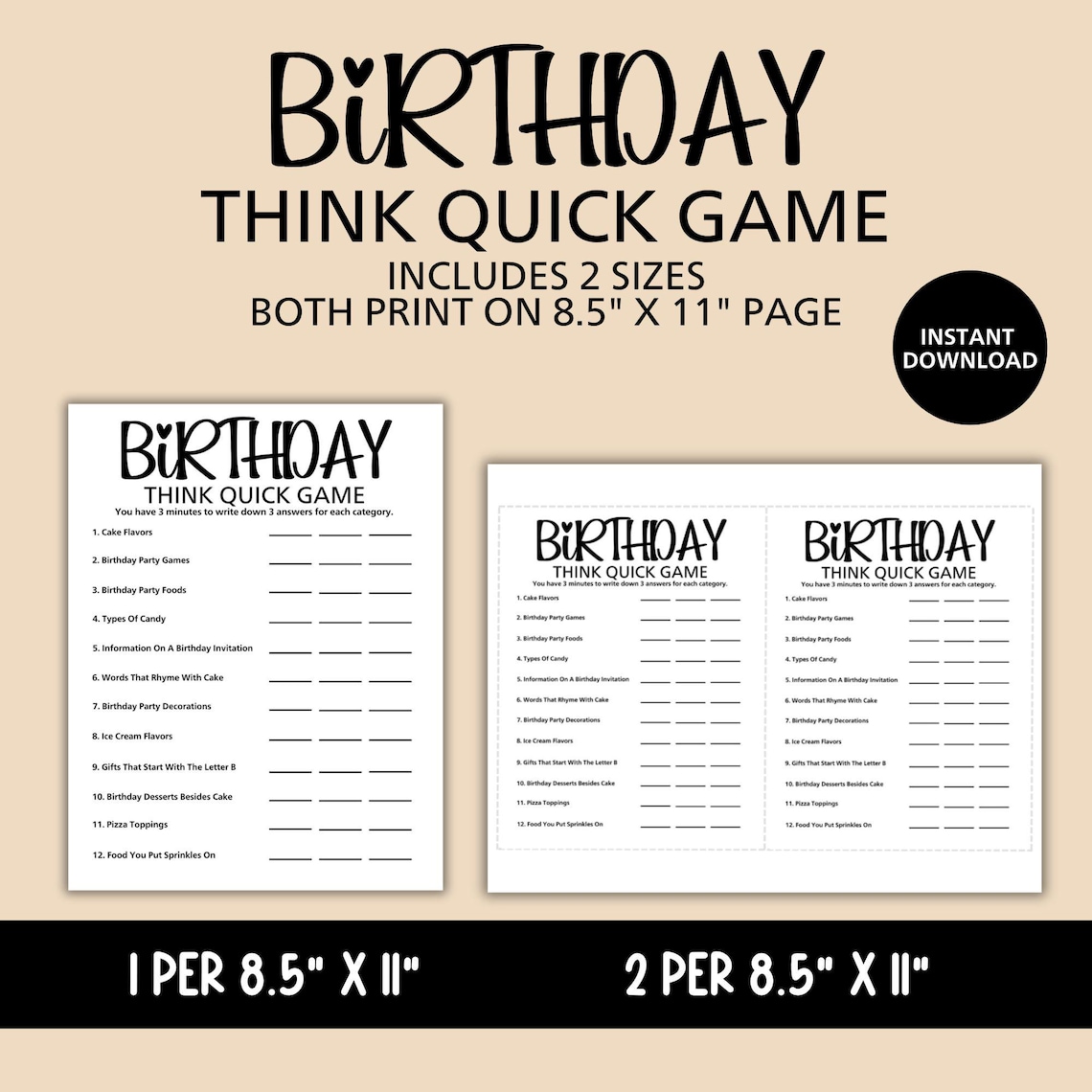 Birthday Game, Printable Birthday Party Game, Birthday Think Quick Game ...