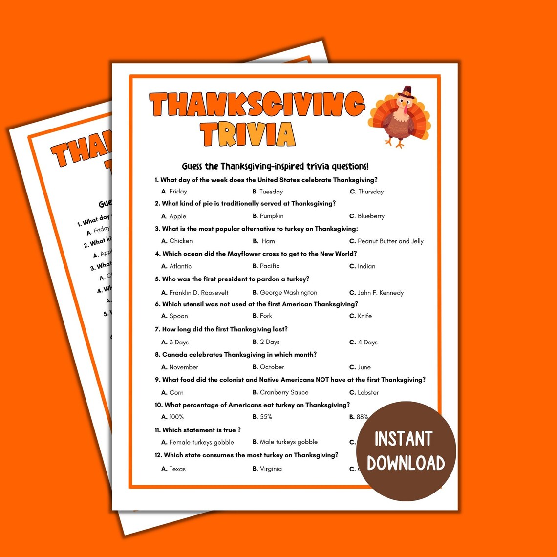 Thanksgiving Trivia Game, Printable Thanksgiving Party Game ...