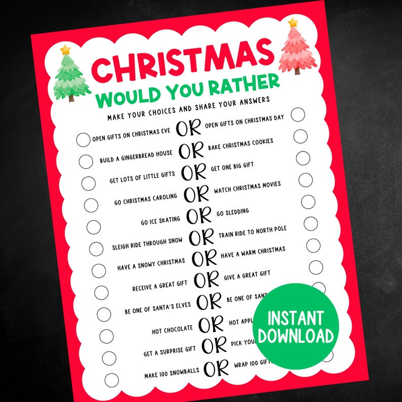 Christmas Icebreaker Game, Printable Would You Rather Game, Christmas ...