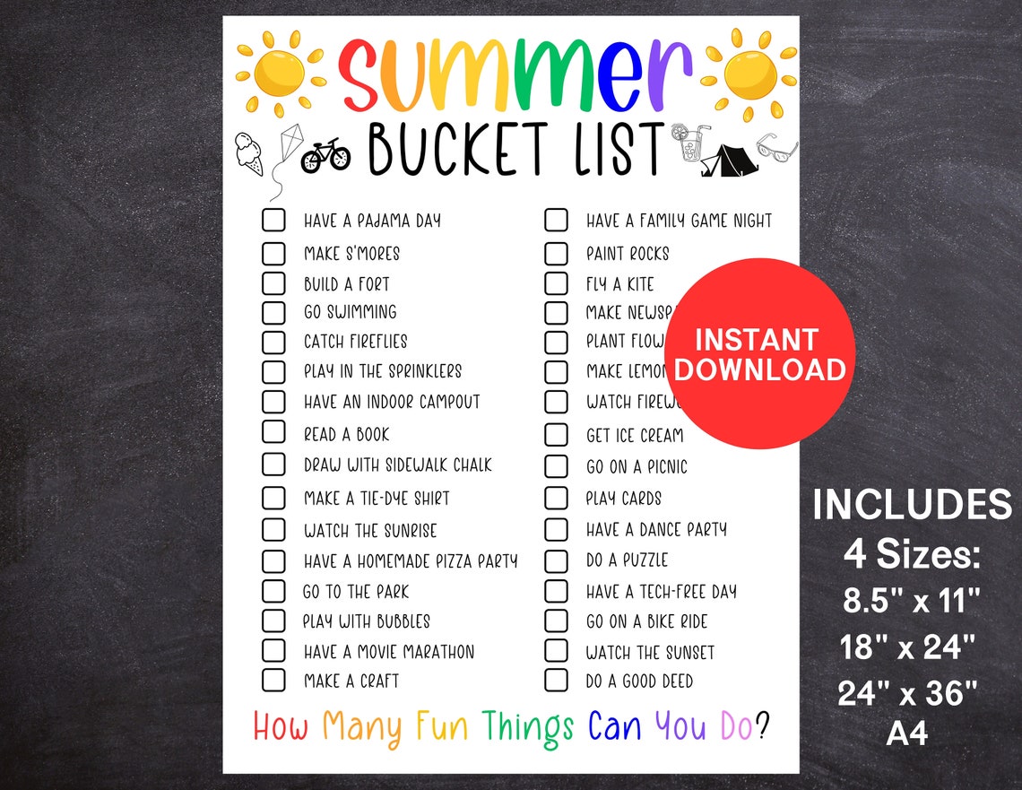 Summer Bucket List Printable for Kids, Things to Do During Summer, Fun ...