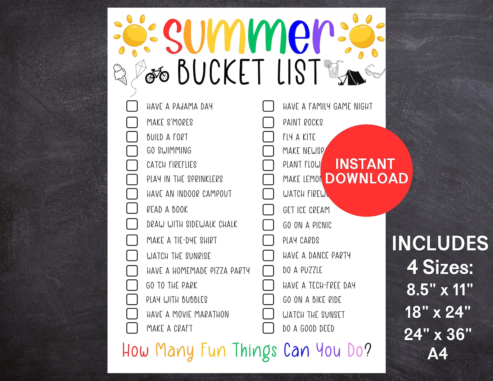 Summer Bucket List Printable for Kids, Things to Do During Summer, Fun ...