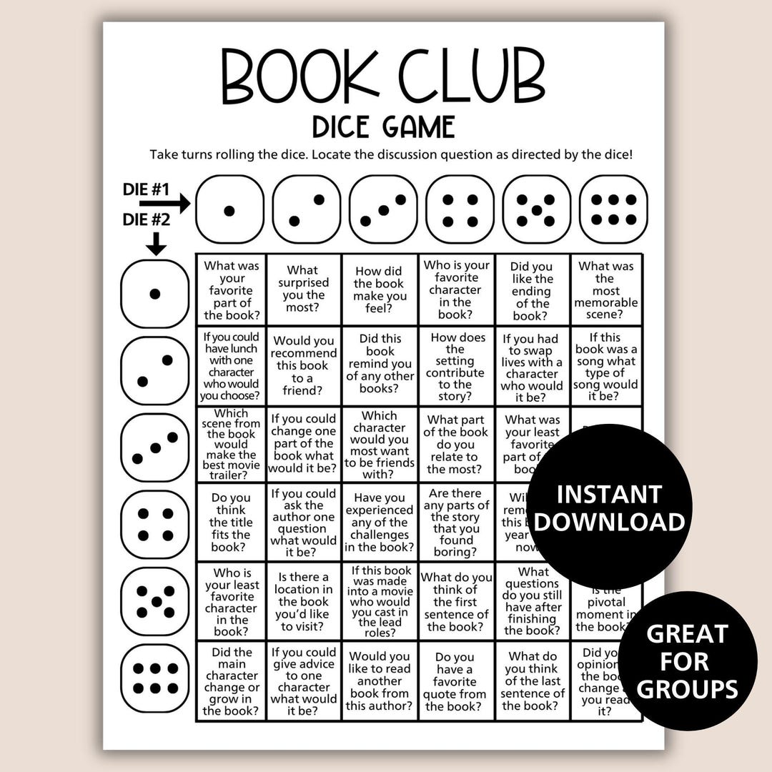 Book Club Dice Game, Printable Reading Group Discussion Questions, Easy ...