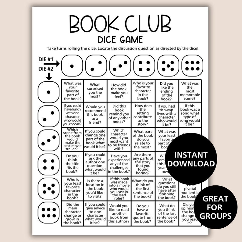 Book Club Dice Game, Printable Reading Group Discussion Questions, Easy ...