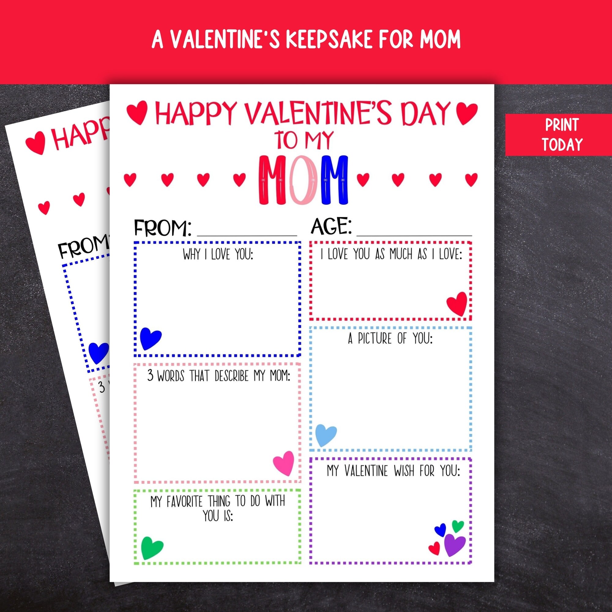 Kids Valentines Card for Mom, Printable Mom Valentines Card, Keepsake ...
