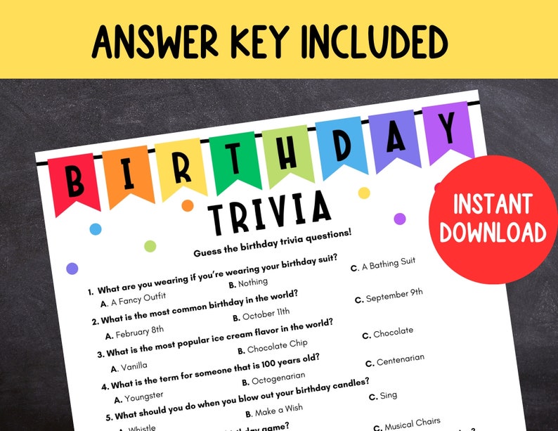 Birthday Trivia Game, Printable Birthday Game, Easy Birthday Game for ...
