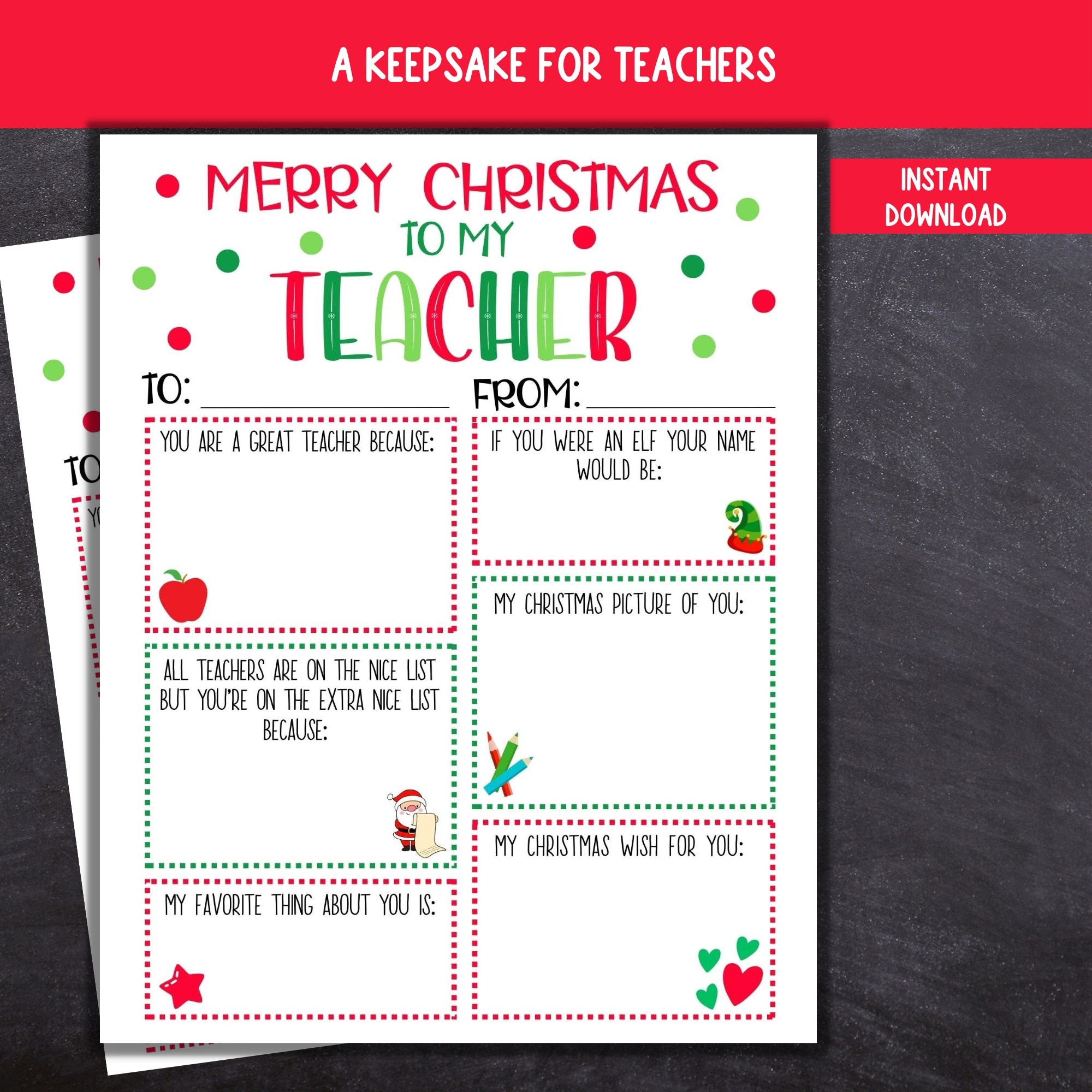 Teacher Christmas Card, Printable Kids Christmas Card for Teachers ...