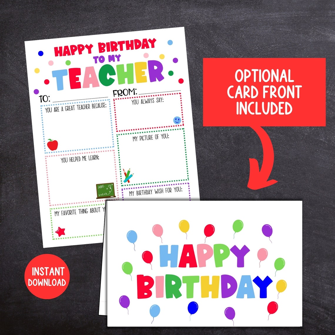 Teacher Birthday Card, Printable Kids Birthday Card for Teachers ...