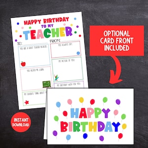 Teacher Birthday Card, Printable Kids Birthday Card for Teachers ...