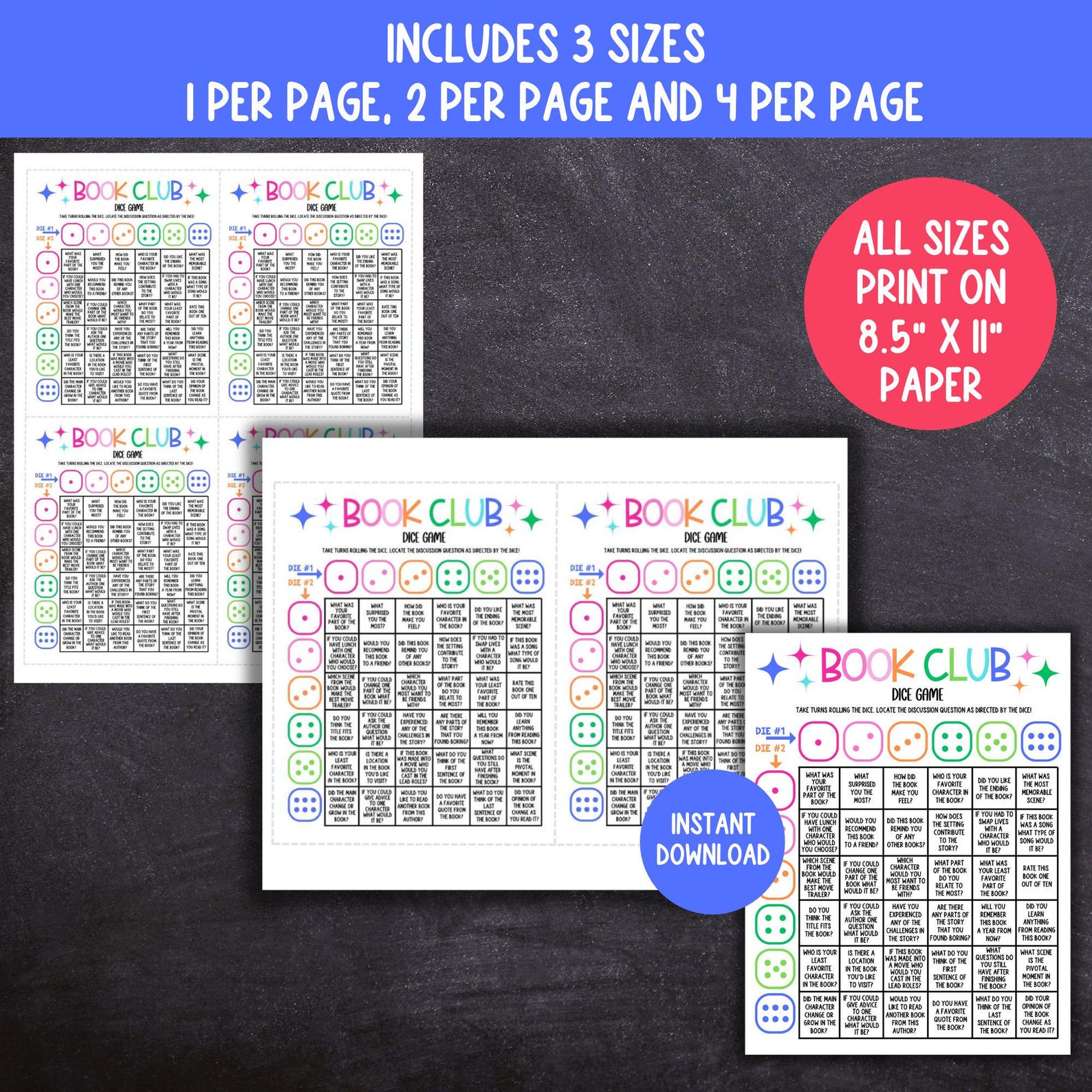 Book Club Dice Game, Printable Reading Group Discussion Questions, Easy ...