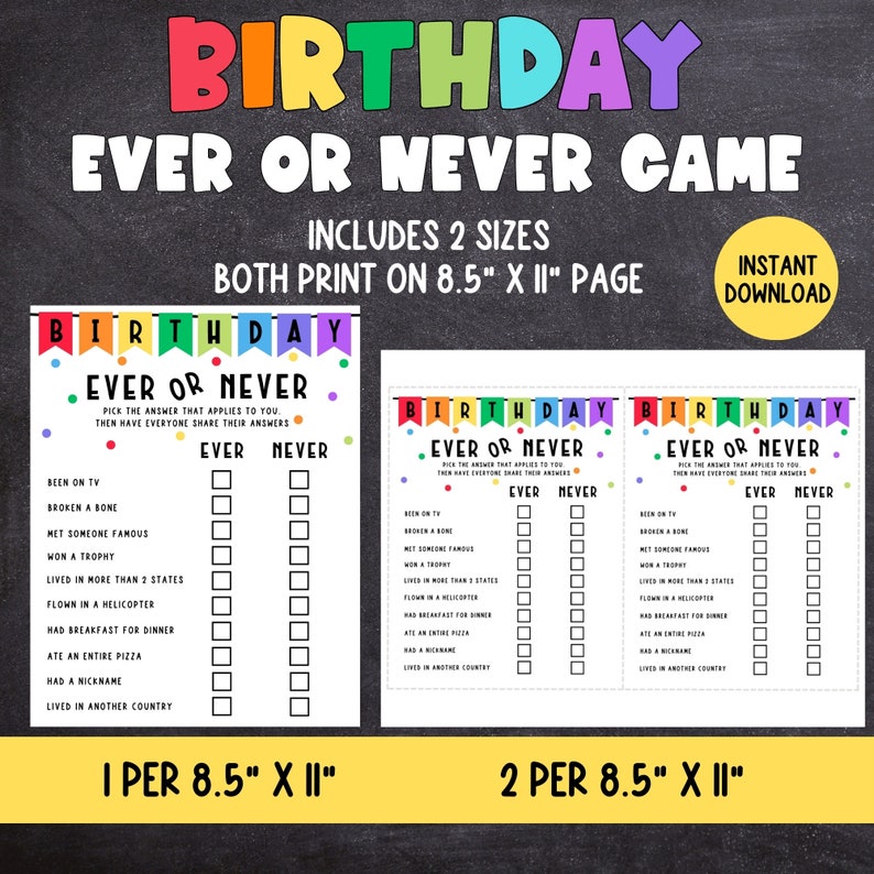 Birthday Party Game, Printable Birthday Ice Breaker, Ever or Never Game ...