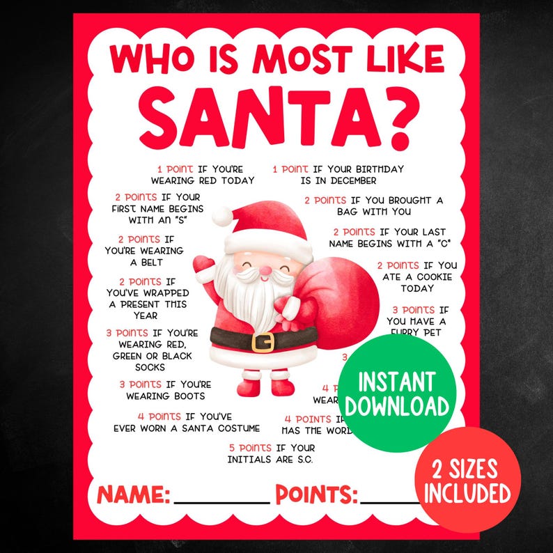 Christmas Game, Printable Christmas Party Game, Who is Most Like Santa ...