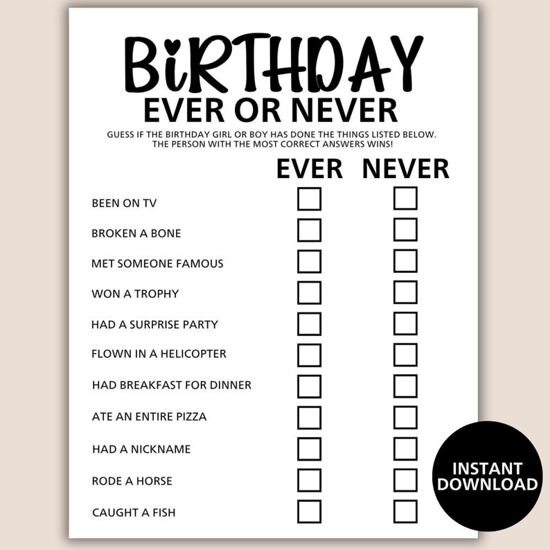 Birthday Game, Printable Birthday Party Game, Ever or Never Game, Kids ...