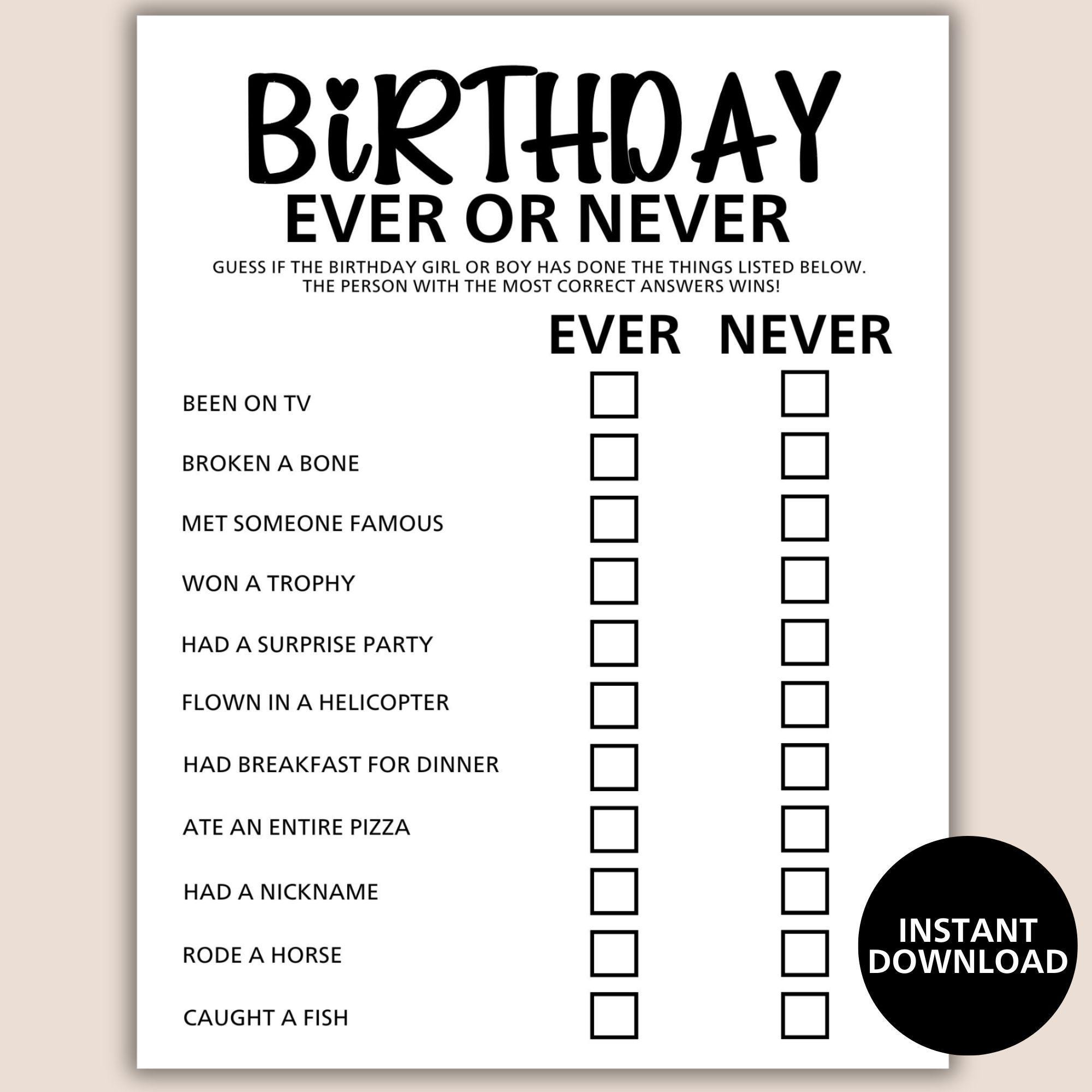 Birthday Game, Printable Birthday Party Game, Ever or Never Game, Kids ...