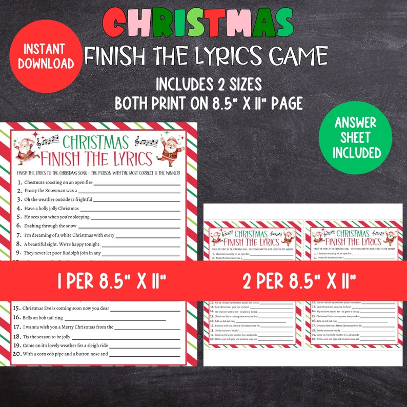 Printable Christmas Game, Christmas Song Trivia Game, Christmas Finish ...