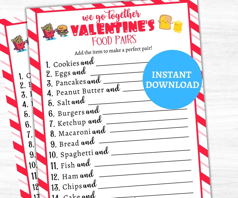 Valentine's Food Pairs Game, Fun Valentine's Game, Valentine's ...