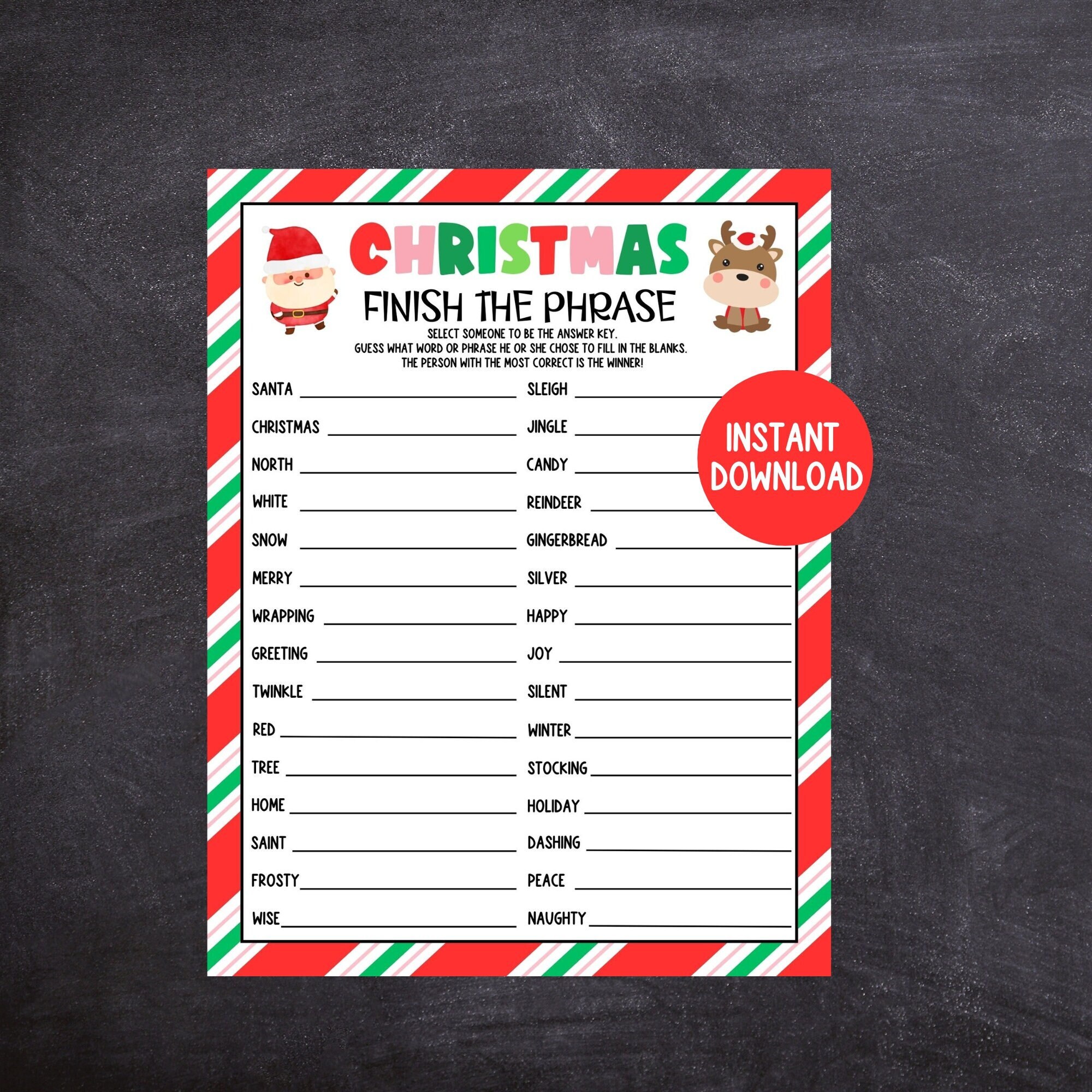 Christmas Finish the Phrase Game, Printable Group Christmas Game ...