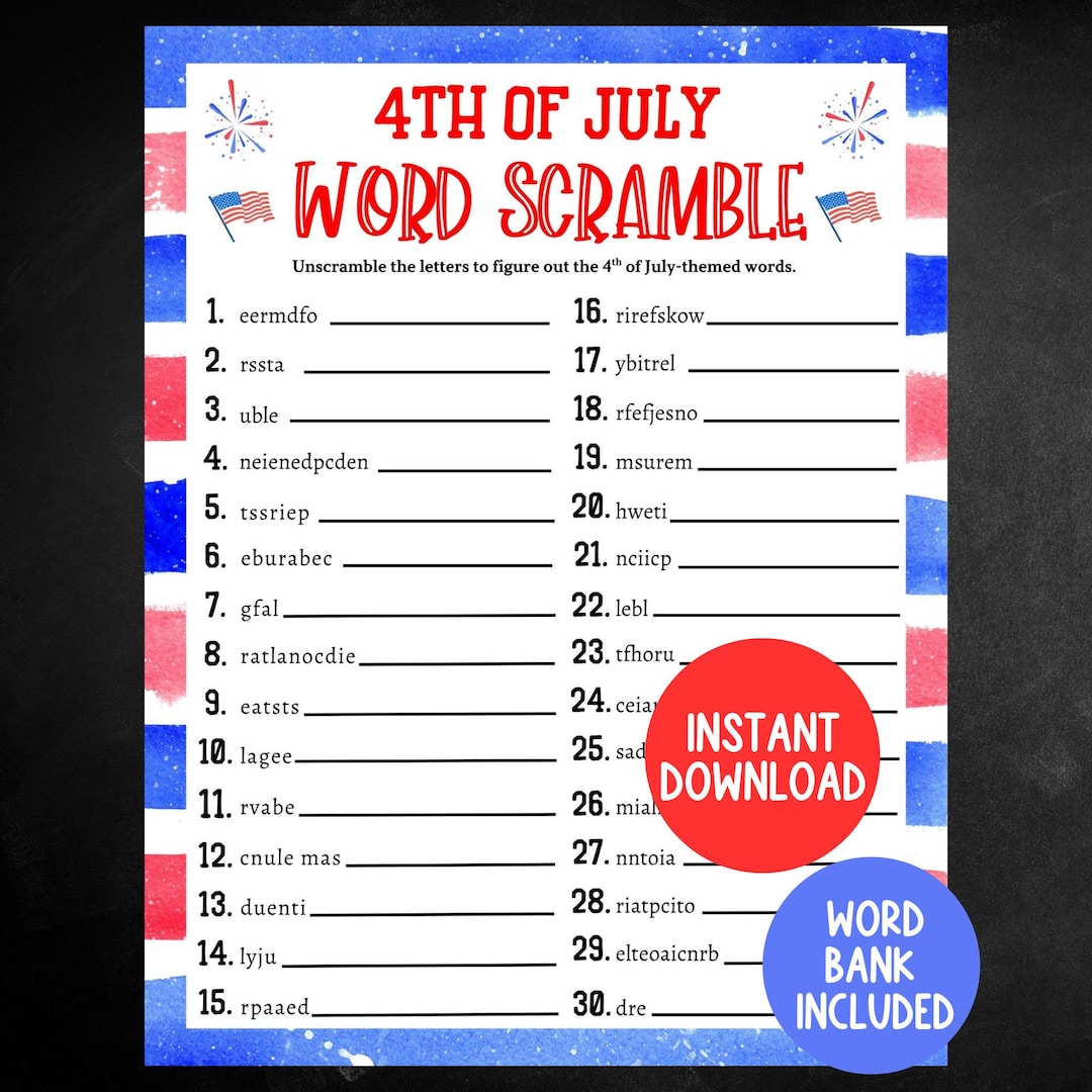 4th of July Word Scramble, Printable July 4th Party Game, Independence ...