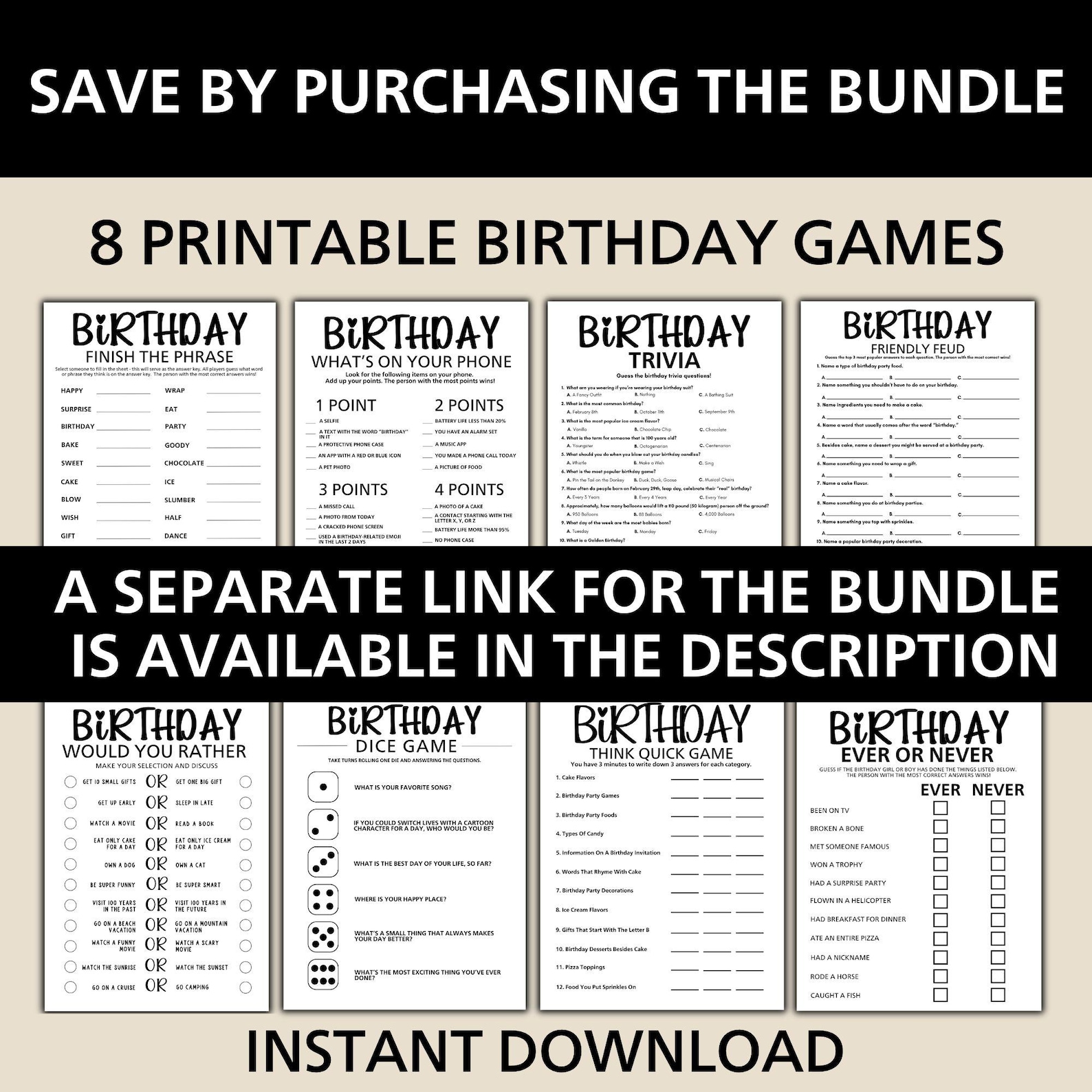 Birthday Game, Printable Birthday Party Game, Birthday Think Quick Game ...