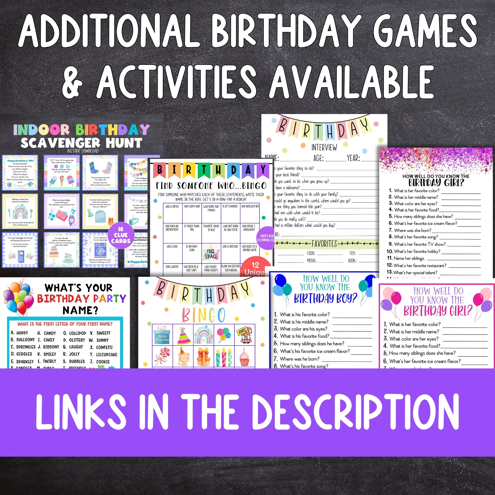 Birthday Party Games, Printable Birthday Game Bundle, Birthday Games ...