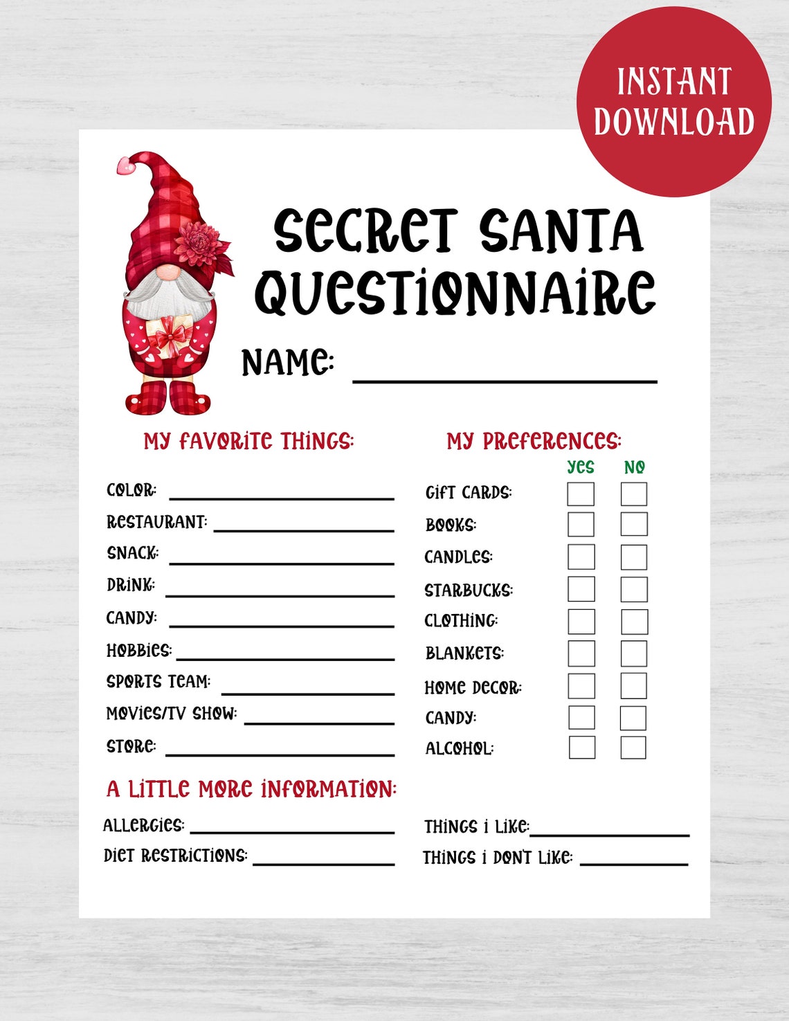 Printable Secret Santa Questionnaire For Christmas T Etsy