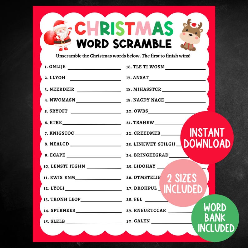 Christmas Word Scramble, Printable Christmas Game, Christmas Party Game ...