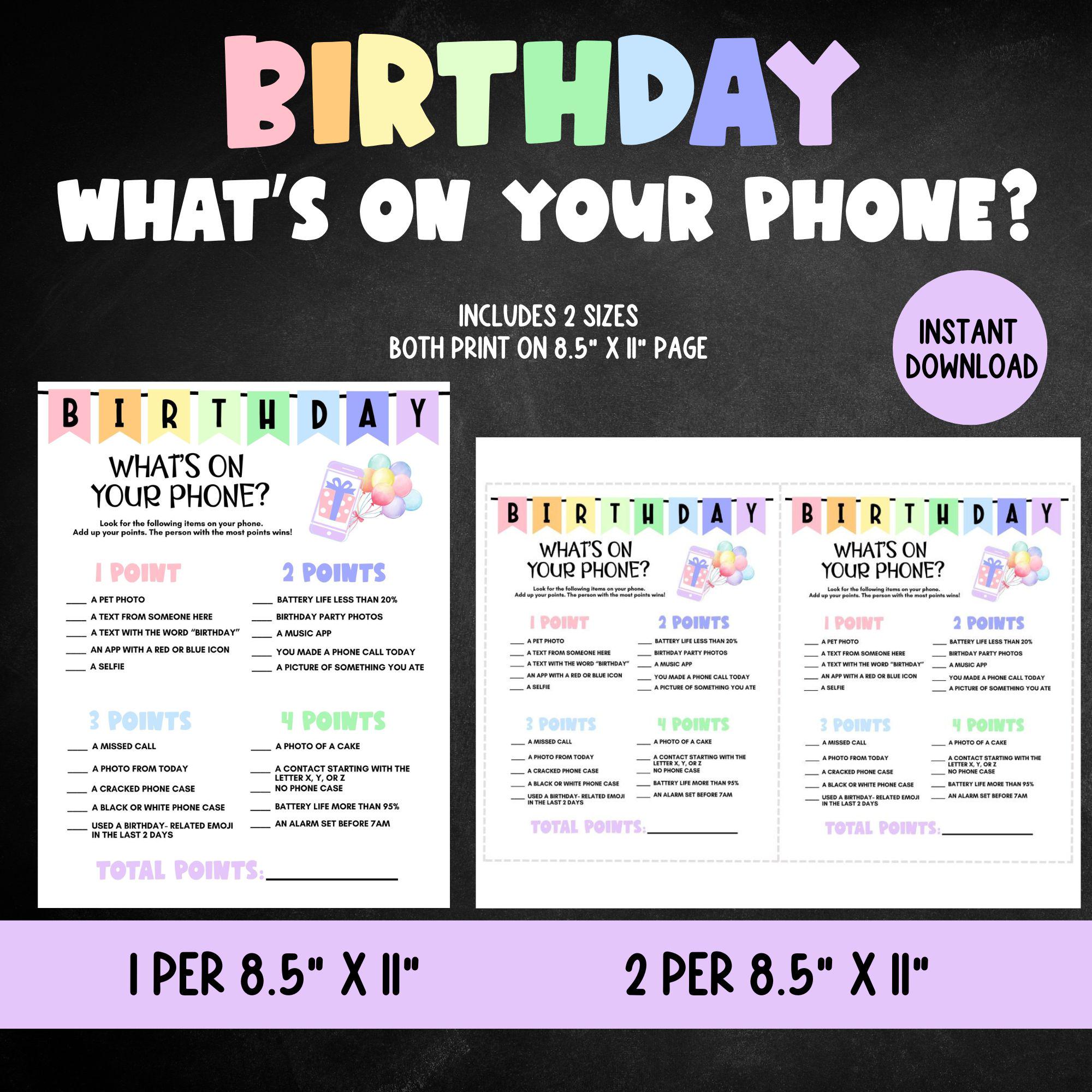 Birthday Party Game, Printable Pastel Birthday What's on Your Phone ...