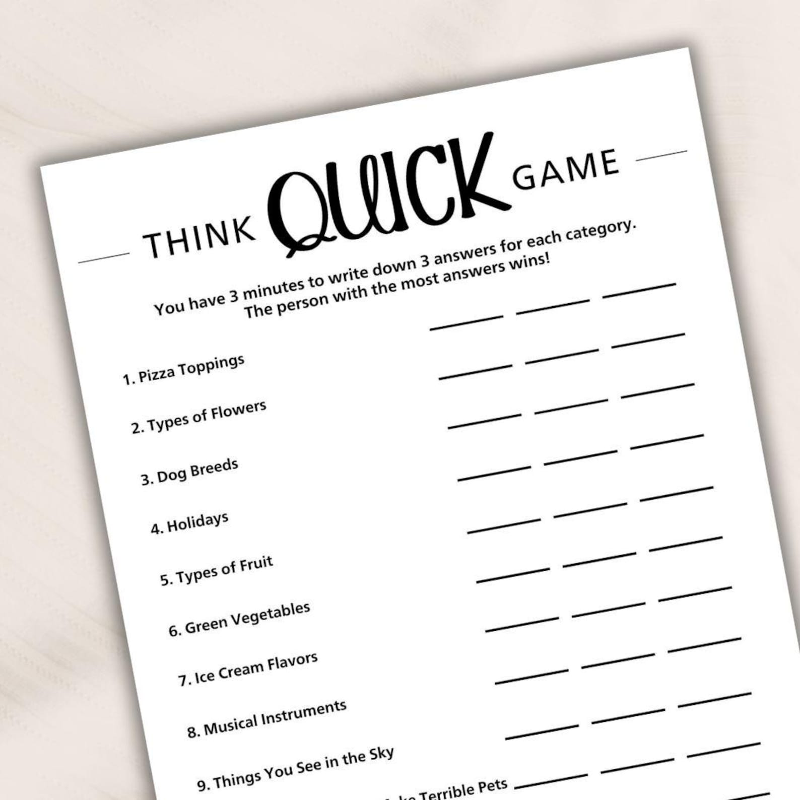 Icebreaker Game, Printable Think Quick Game, Printable Party Game, Game ...
