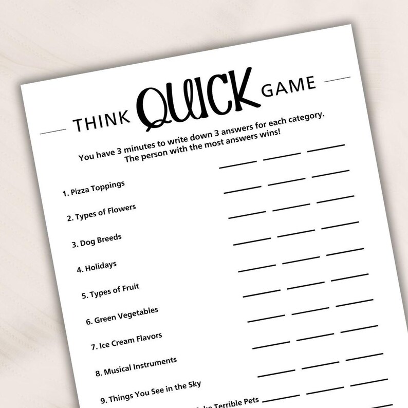 Icebreaker Game, Printable Think Quick Game, Printable Party Game, Game ...
