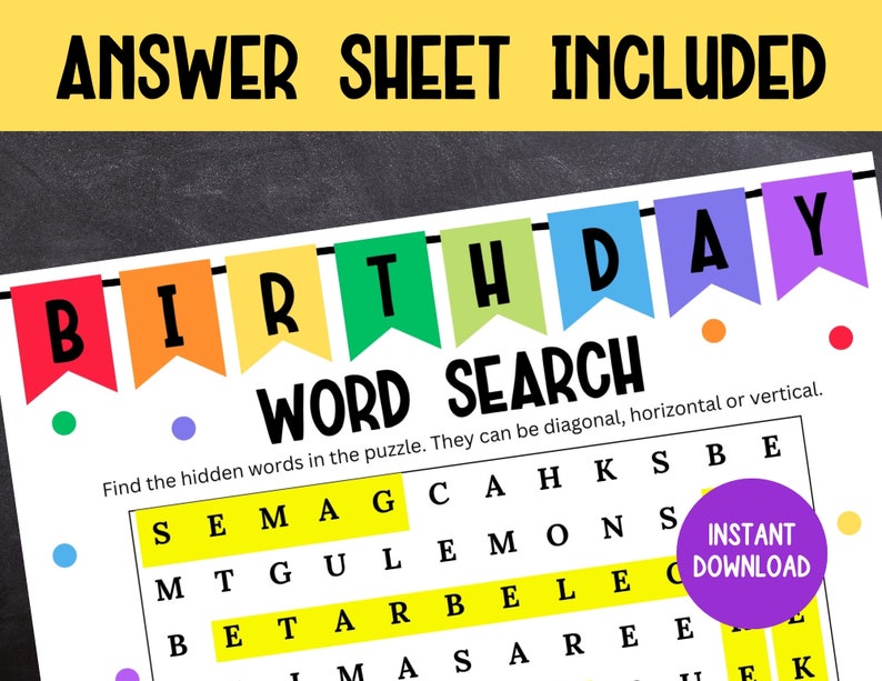 Birthday Word Search, Printable Birthday Party Game, Birthday Game for ...