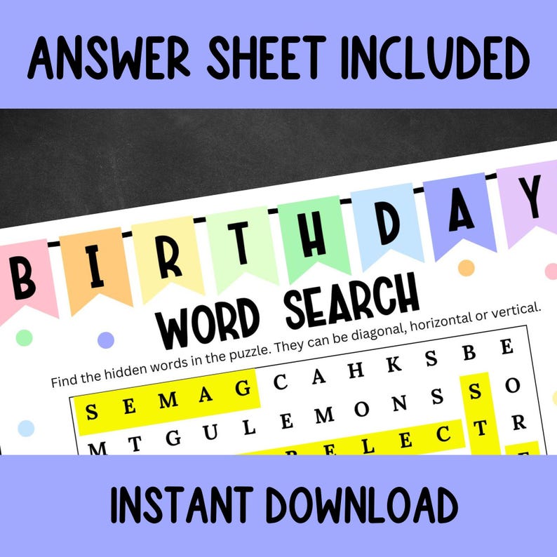Birthday Word Search, Printable Pastel Birthday Party Game, Birthday ...