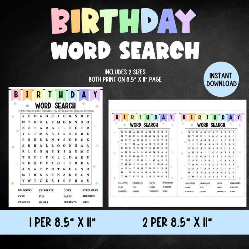 Birthday Word Search, Printable Pastel Birthday Party Game, Birthday ...