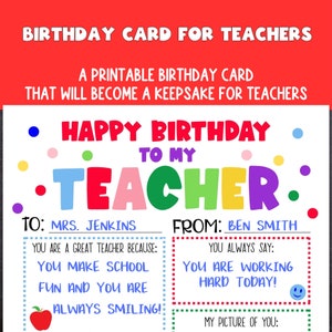 Teacher Birthday Card, Printable Kids Birthday Card for Teachers ...
