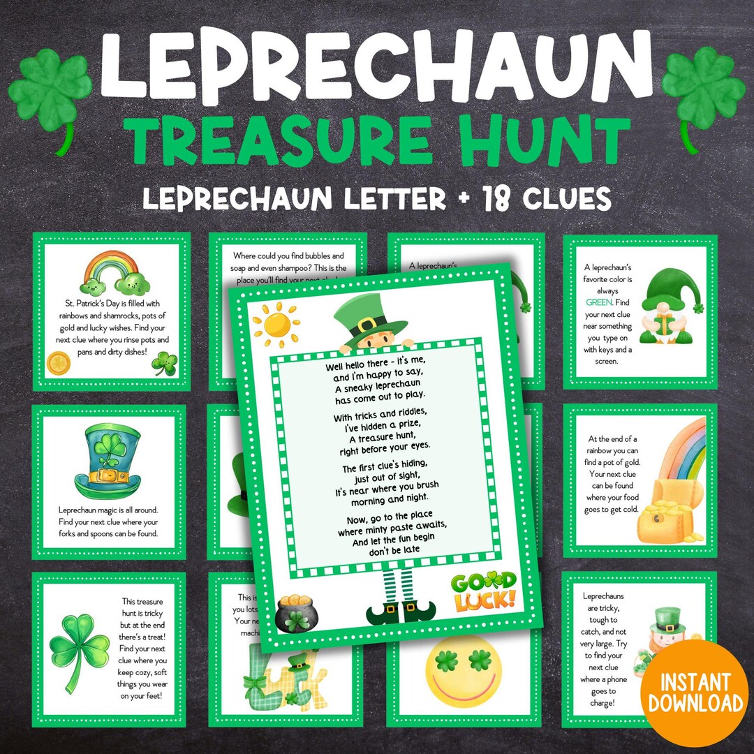 Leprechaun Treasure Hunt, Printable St. Patricks Day Treasure Hunt ...