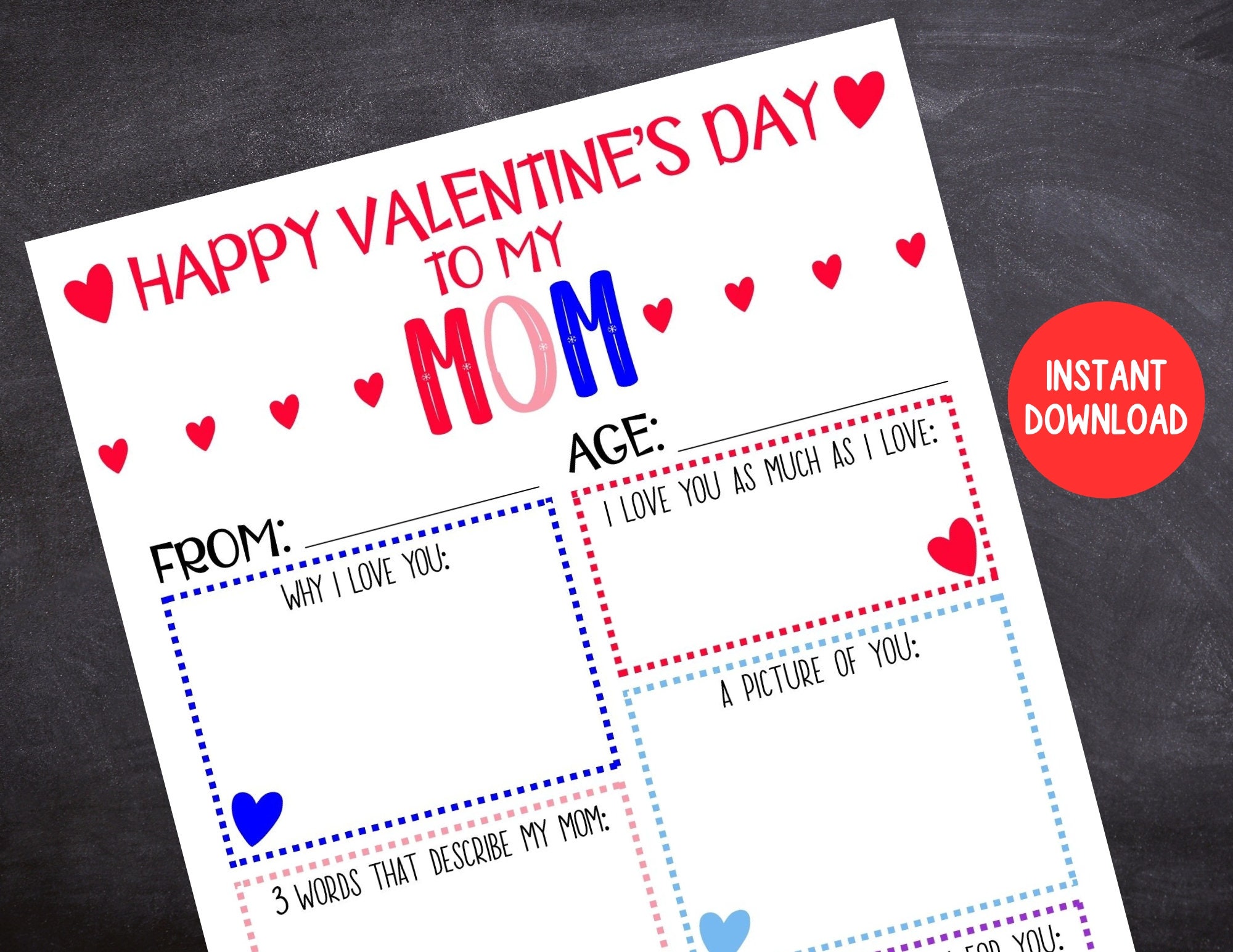 Kids Valentines Card for Mom, Printable Mom Valentines Card, Keepsake ...