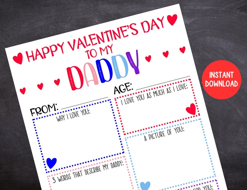 Kids Valentines Card for Daddy, Printable Daddy Valentines Card ...
