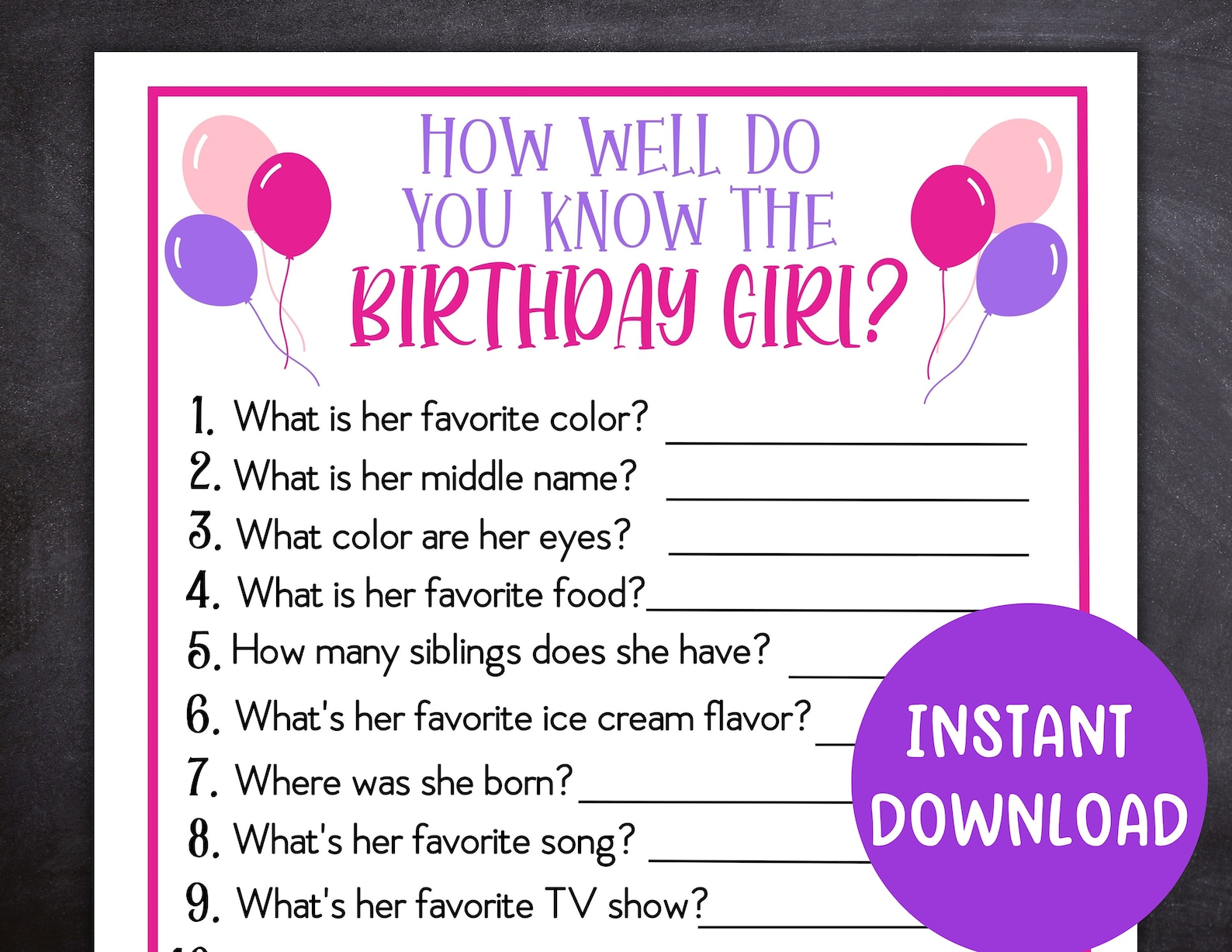 Birthday Girl Trivia Game, Kid Birthday Party Game, Birthday ...