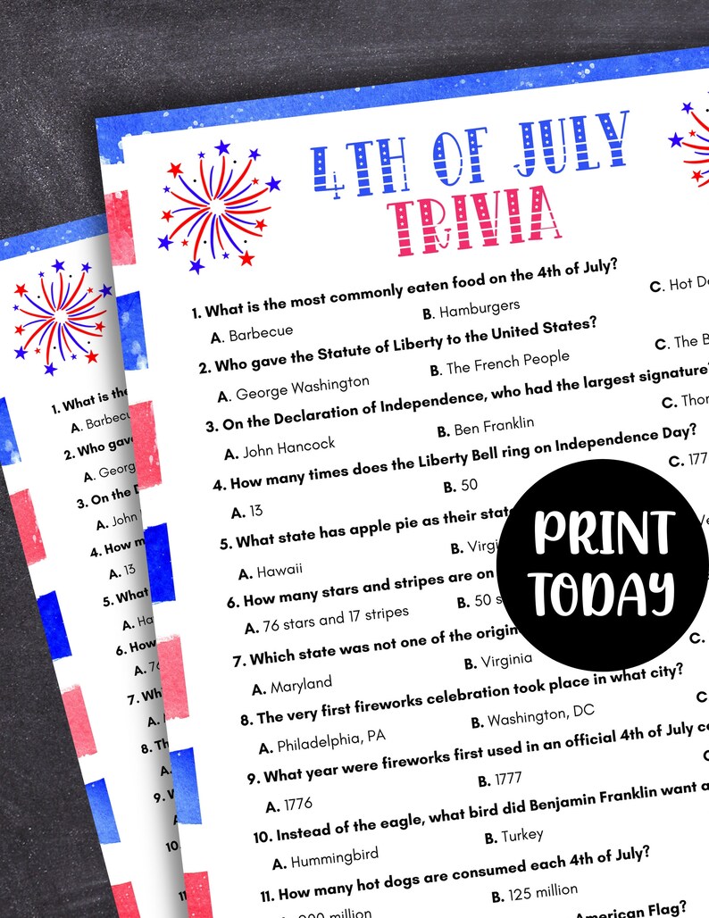 4th of July Trivia, 4th of July Game, Printable Independence Day Game ...