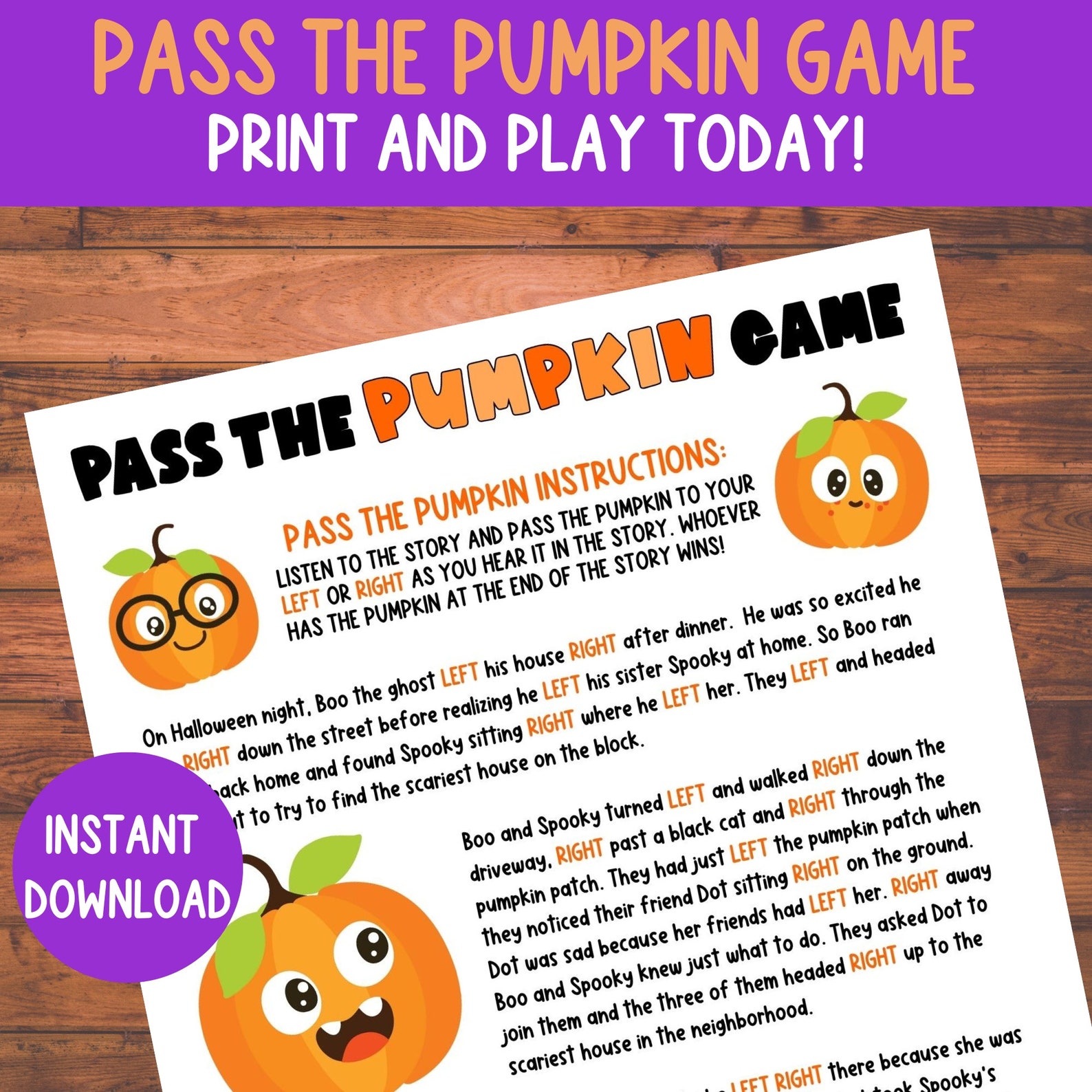 Pass the Pumpkin Halloween Game, Printable Halloween Left Right Game ...