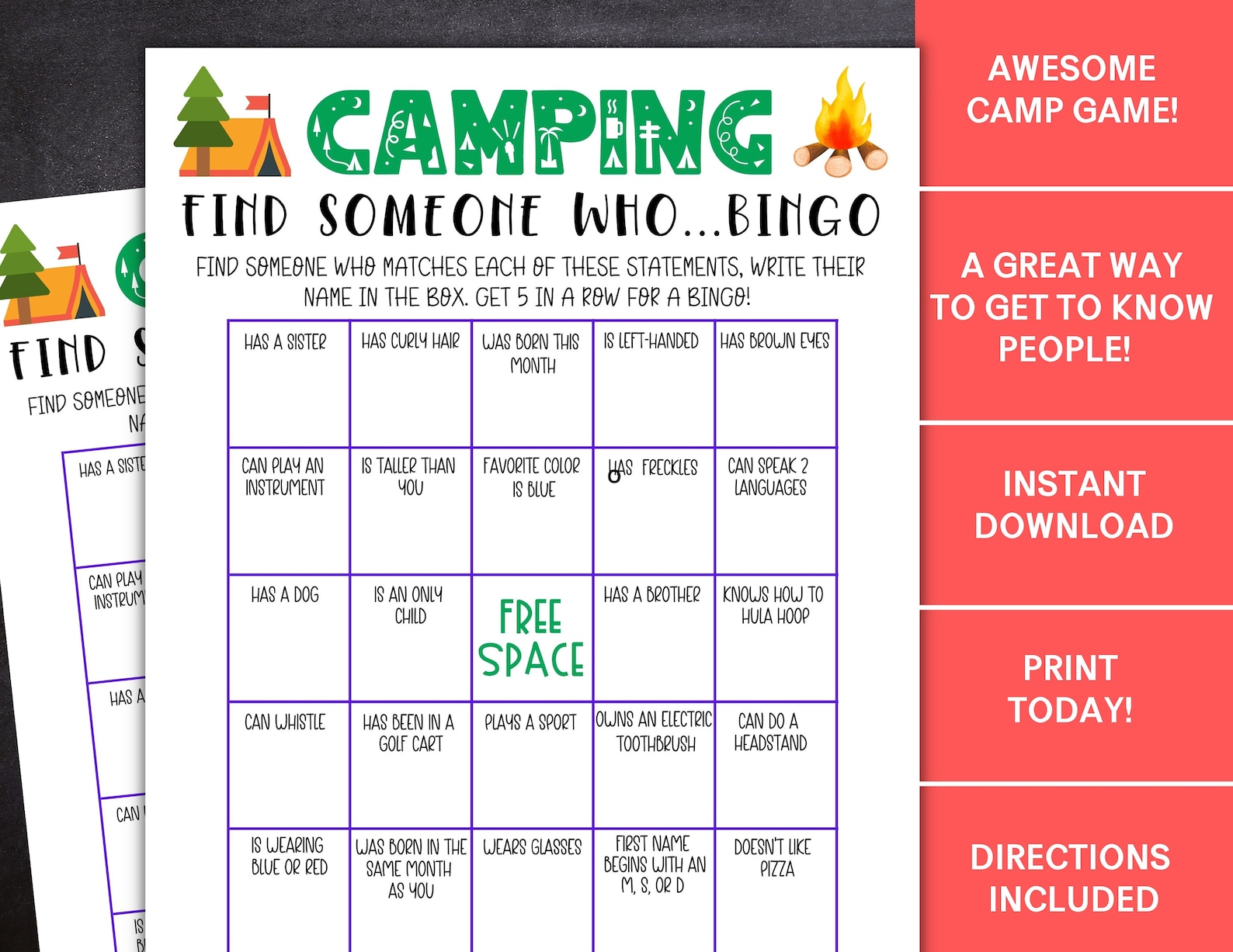Camping Game, Human Bingo Game, Find Someone Who Game, Get to Know You ...