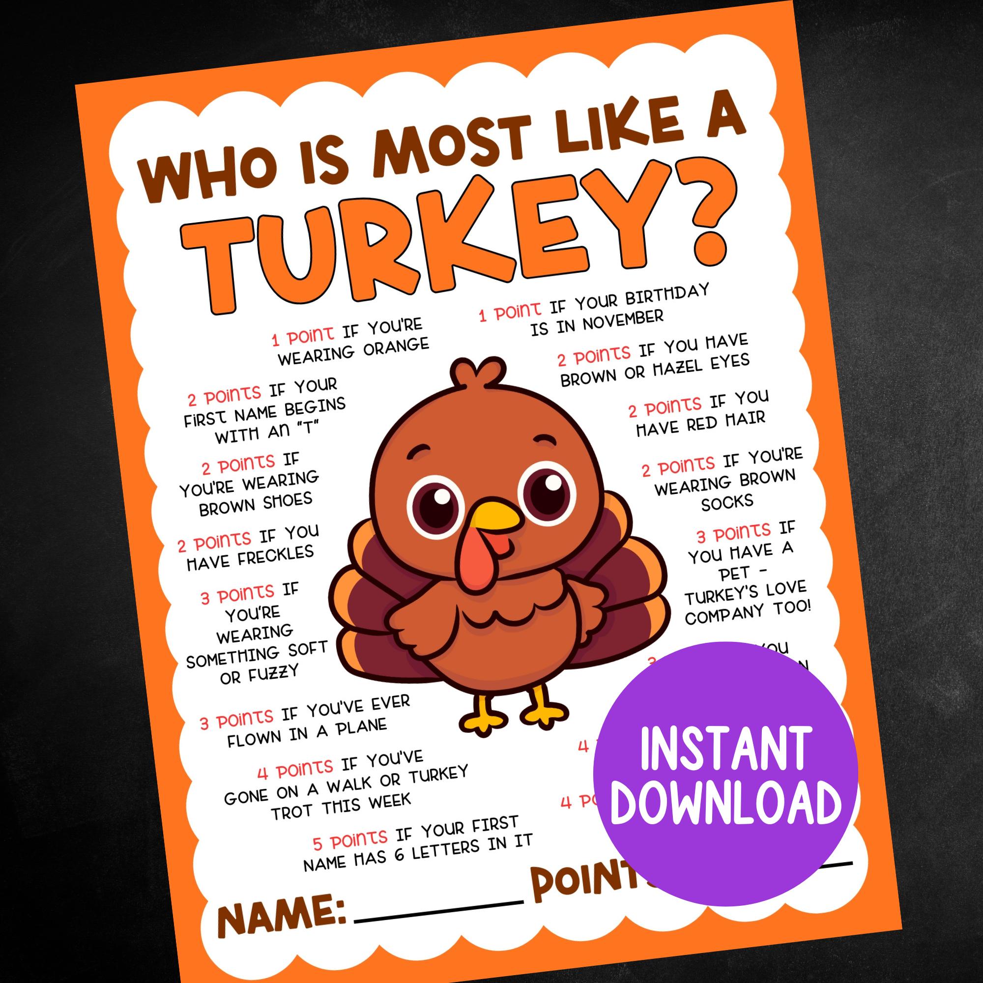 Thanksgiving Game, Printable Thanksgiving Party Game, Who is Most Like ...